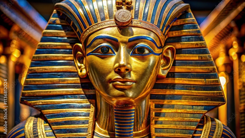 Front View Composition of Tutankhamun's Golden Mask Blue and Gold Inlay ...