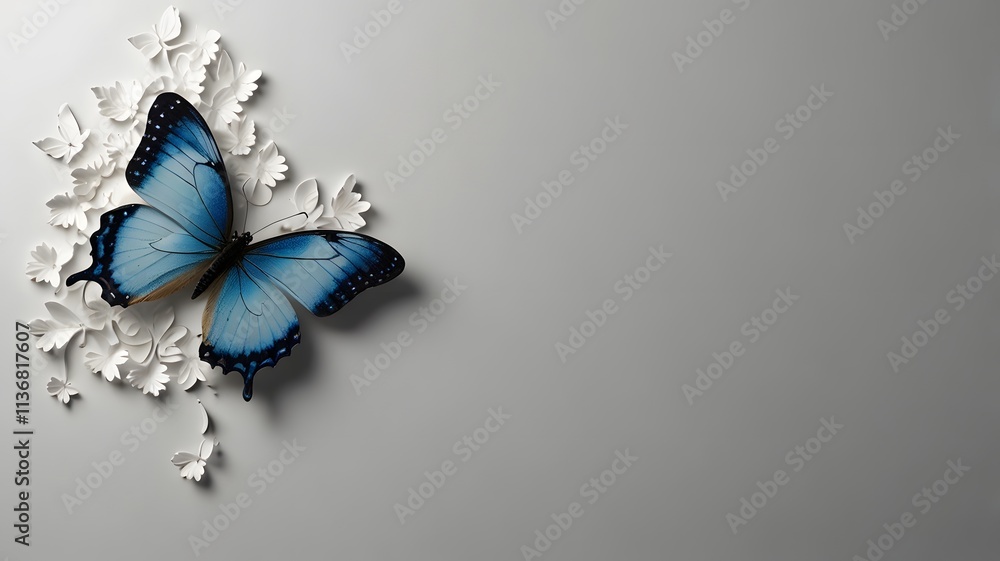 Top view of blue butterfly Corner Border frame with white background ...