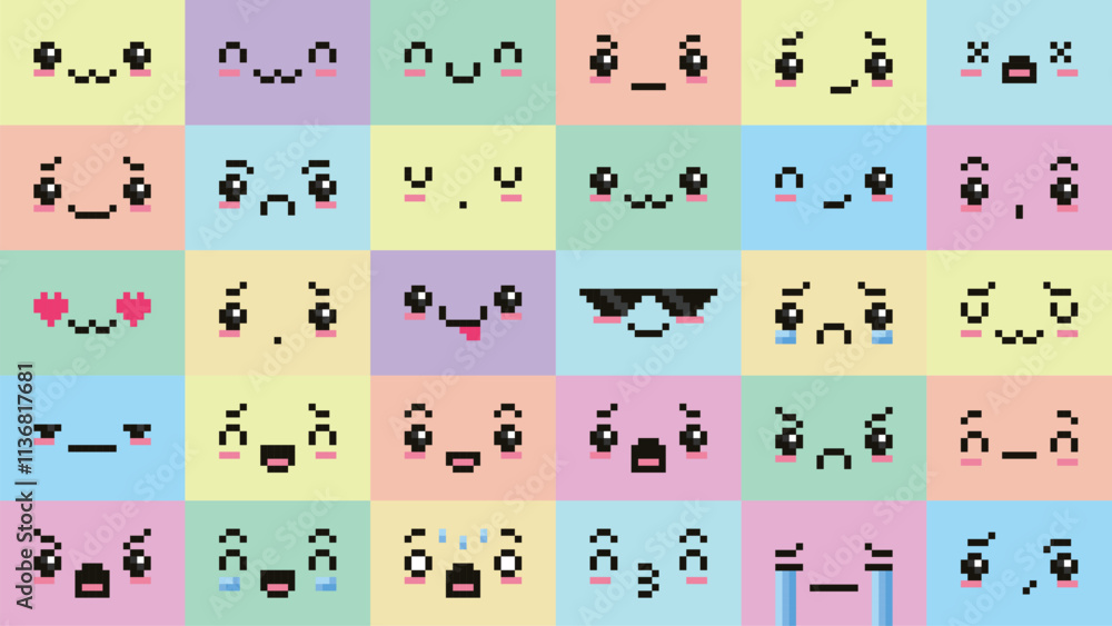 Pixel art kawaii faces. Cute pixelated facial expressions, uwu face ...