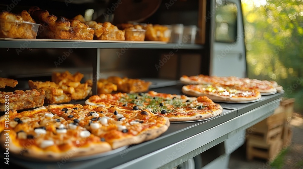 Suburban Street Food Scenes A food trailer offering artisanal pizzas to ...