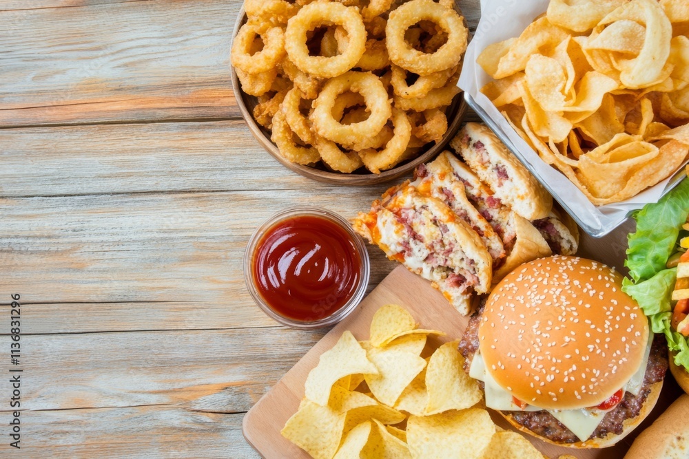 Foto de Stock Fast food. Junk Food dinner with Burger, Chips, Ketchup ...