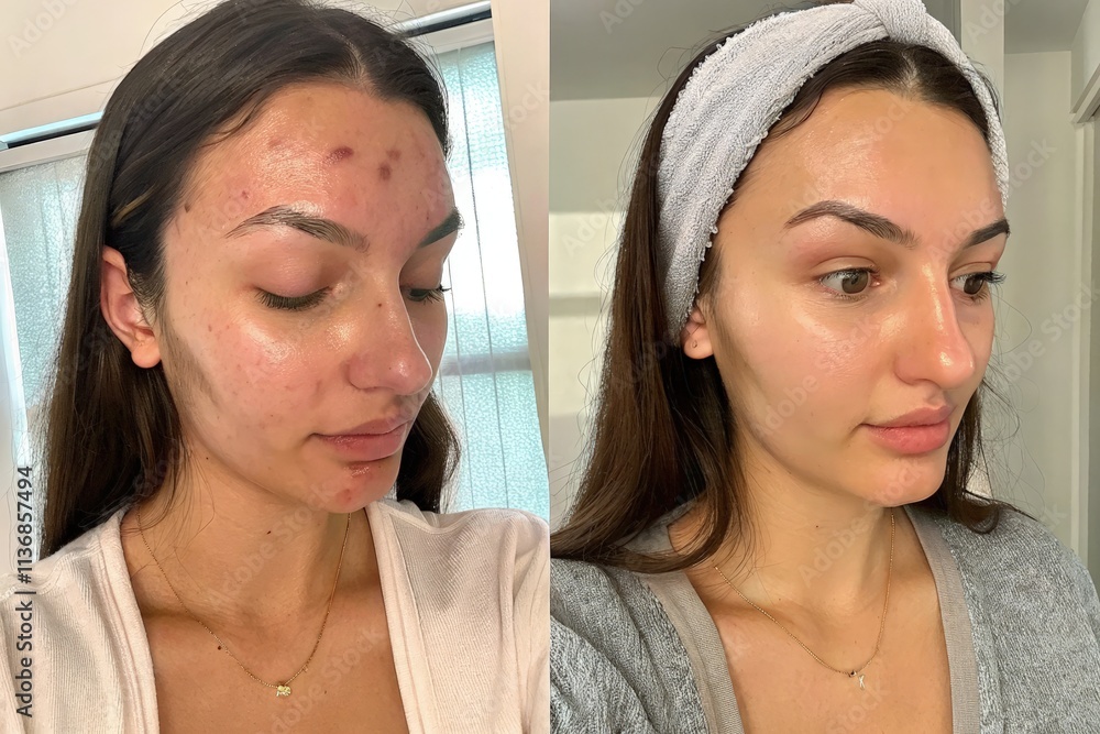 Comparison of a Woman's Face Showing Acne Before and After Treatment ...