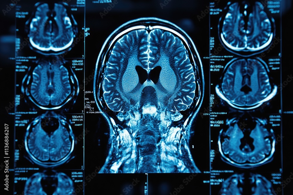Foto de Stock Magnetic resonance imaging showing sagittal and axial sections of the brain ...