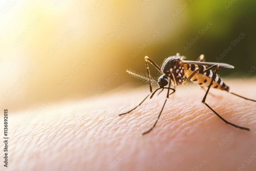 Common house mosquito drinking blood on human skin. Mosquito is biting ...