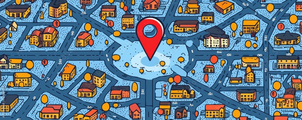 Colorful map illustration featuring a prominent location pin icon for ...