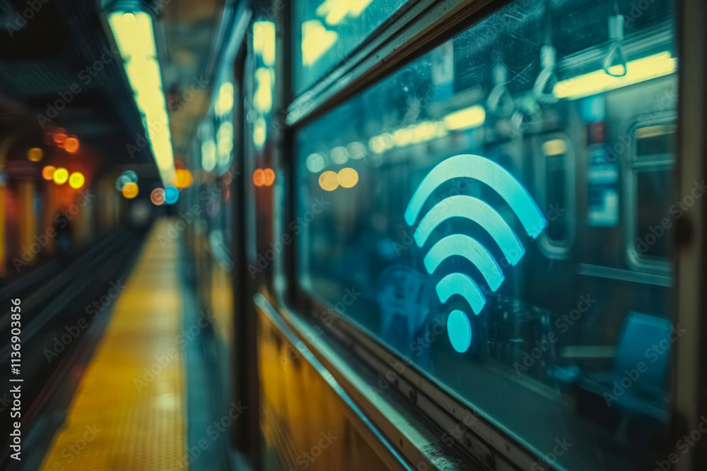 Wi-Fi symbol on window of carriage on defocused background inside ...