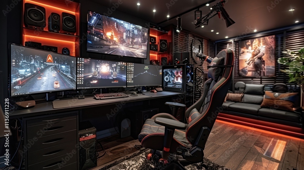 Ultimate gaming setup with multiple monitors, high-end PC, comfortable ...