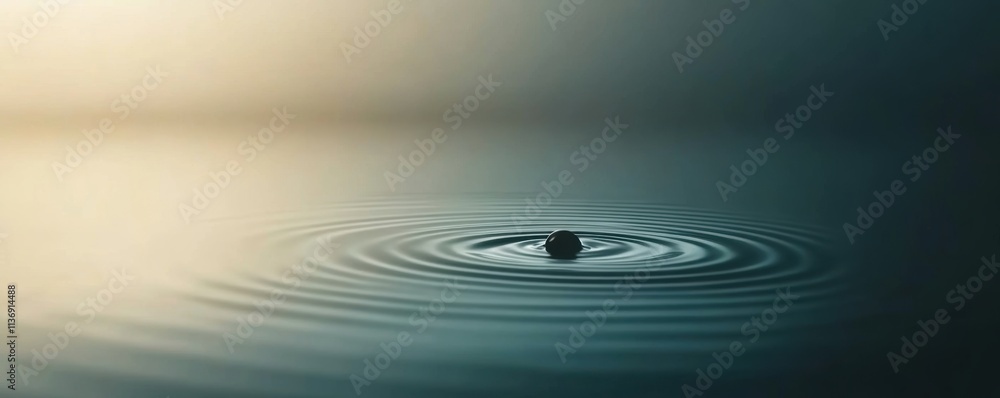 Single water droplet creating ripples on calm surface in soft light ...