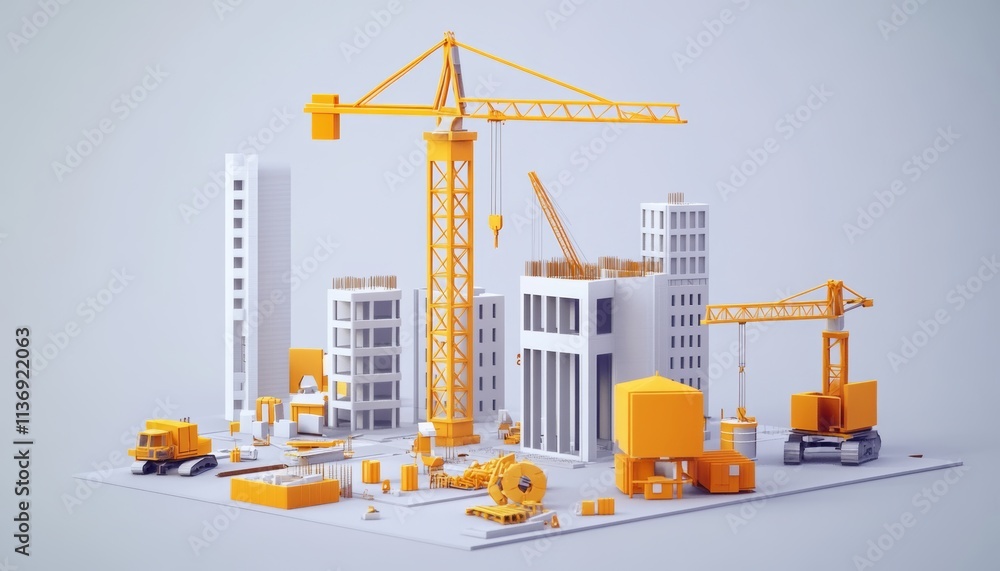 3d construction site illustration featuring cranes, equipment, and an ...