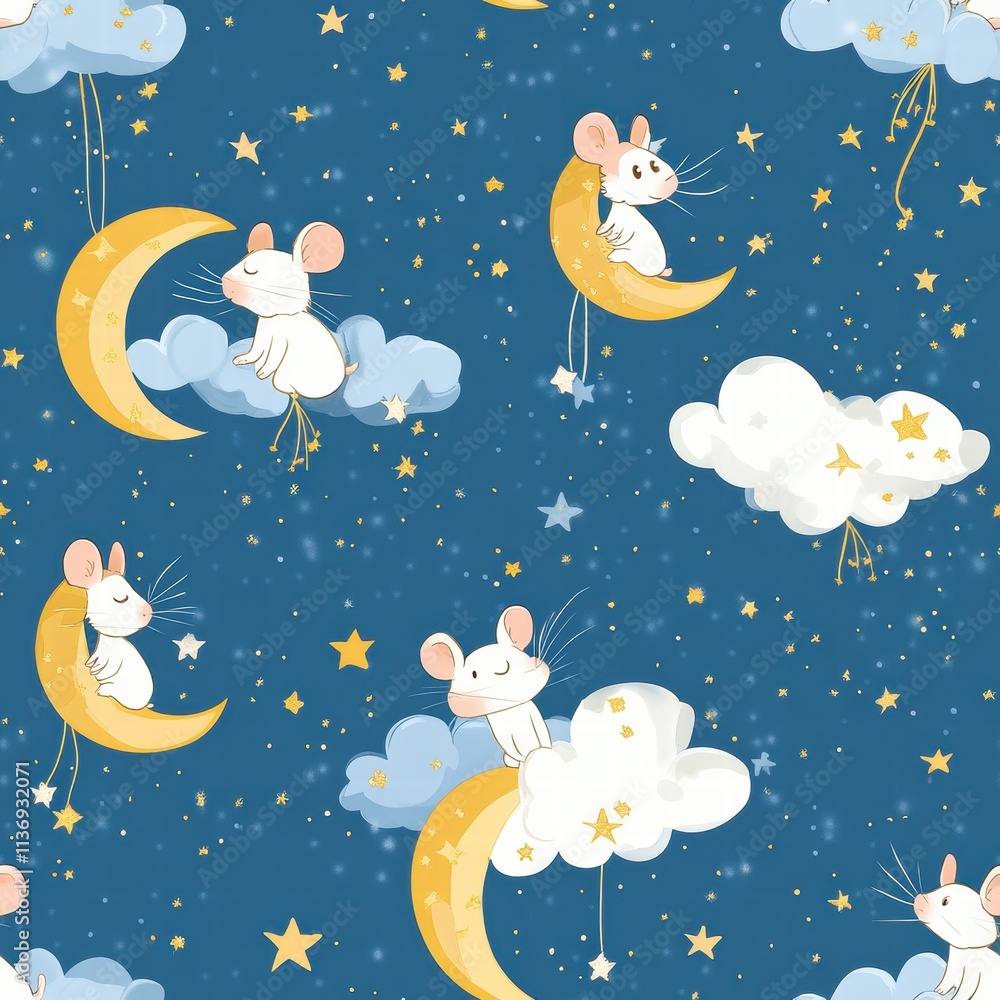 Delightful mice rest on crescent moons and dreamy clouds, surrounded by ...