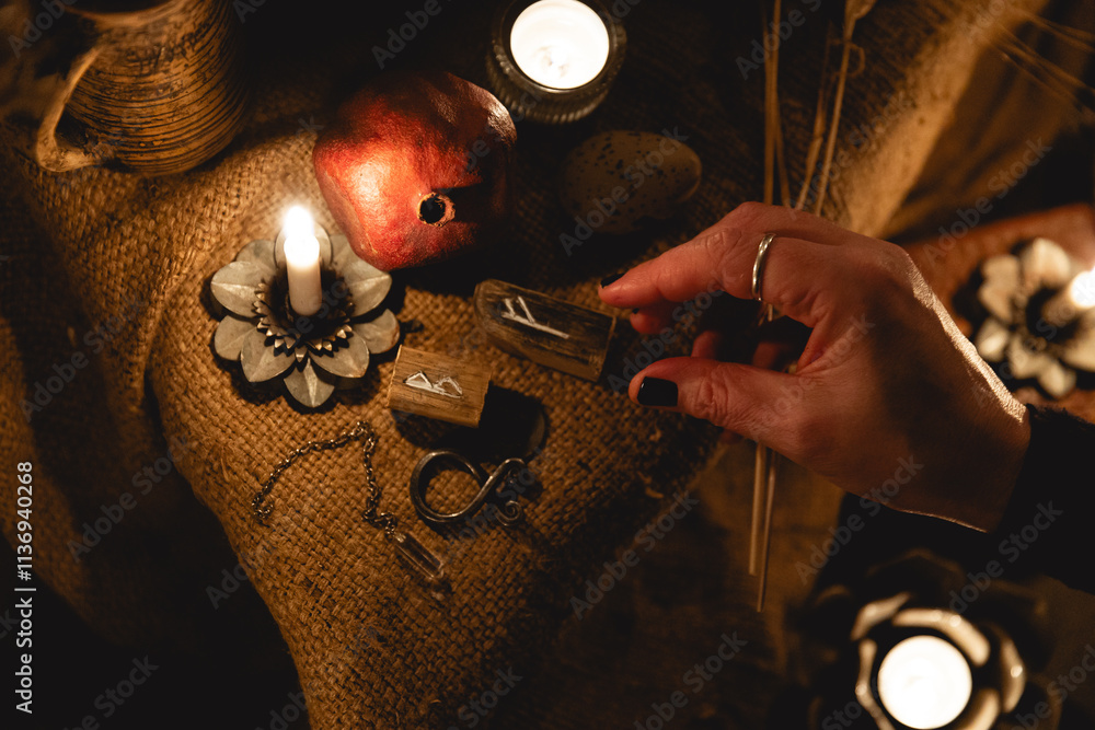 Rune Symbols in Woman's Hand, Candle Lit Pagan Altar, Folk belief, Norse mythology, Witchcraft ...