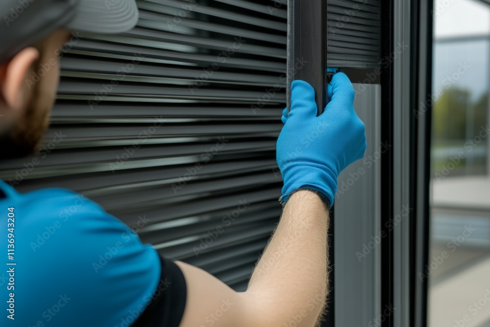 Motorized jalousie or blinds Measuring. Workman fixing, adjusting new ...