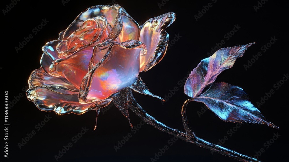 Chrome liquid metal rose flower. 3D render, modern design. Isolated ...