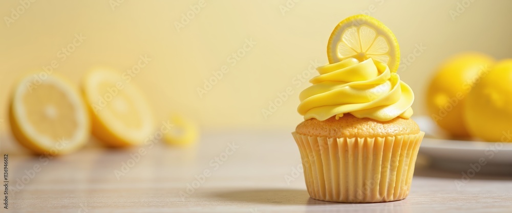 Lemon capcake with cream and lemon slice on neutral background. For ...