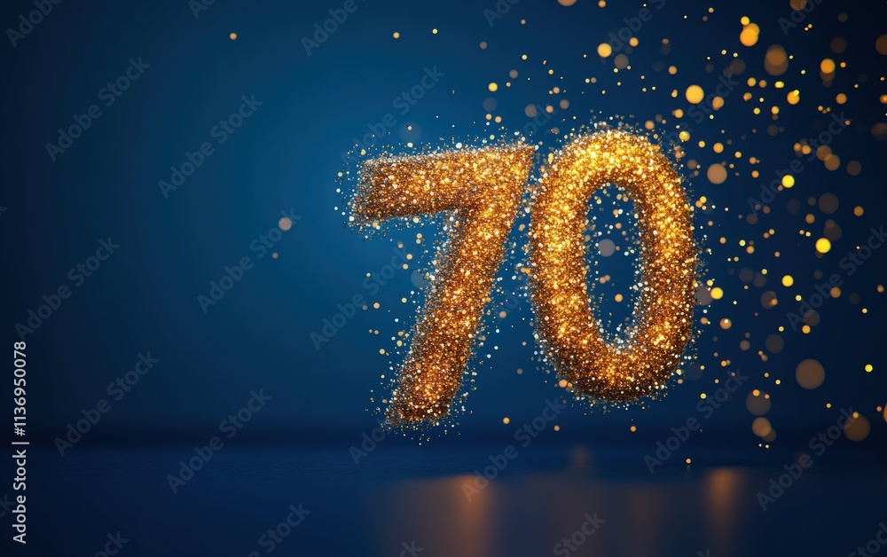 3D number 70 created from sparkling gold glitter particles with a ...