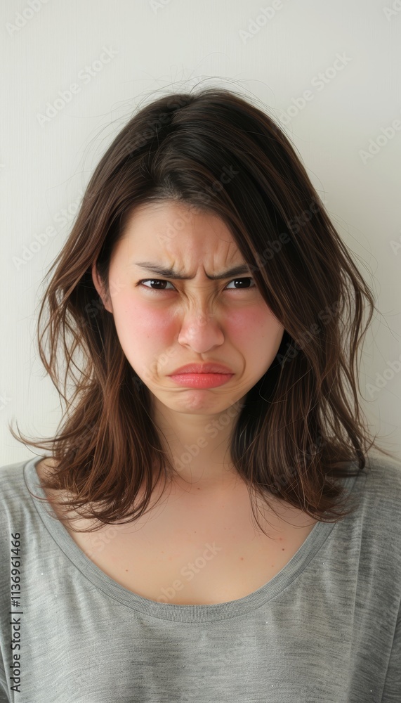 Intense expression a 30 year old japanese woman frowning against a ...