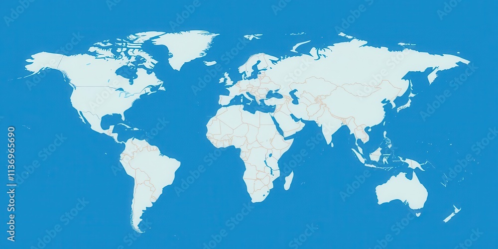 World political map in a minimalist blue and white color scheme ...