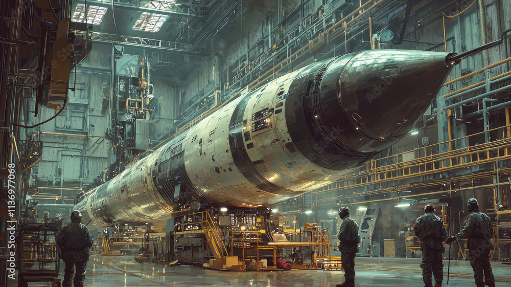 Military rocket is being built at modern factory, missile and engineers ...