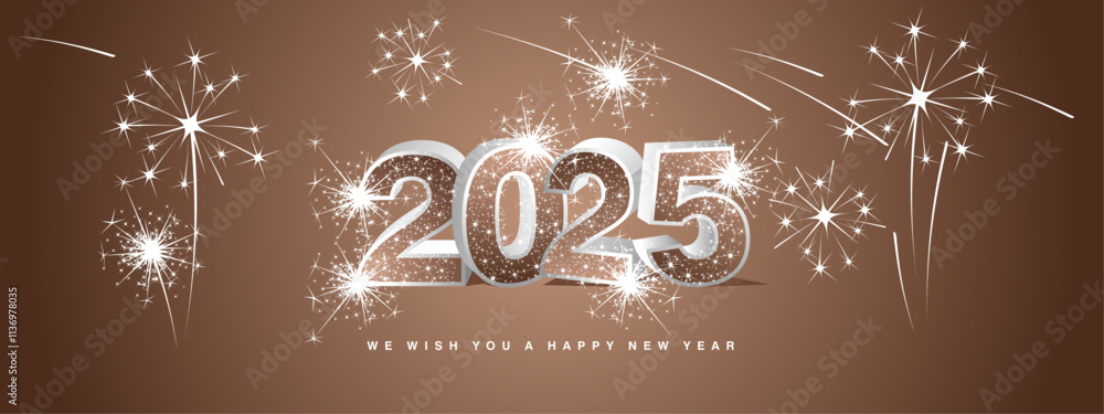 We wish you Happy New Year 2025. New modern 3d concept design. Luminous glittering white silver ...