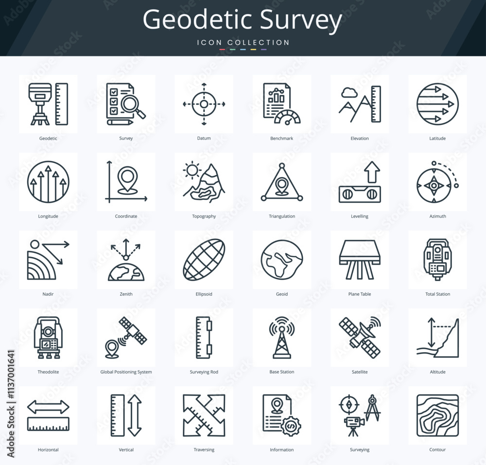 Vector de Stock Geodetic survey outline icon pack for earth surface and ...