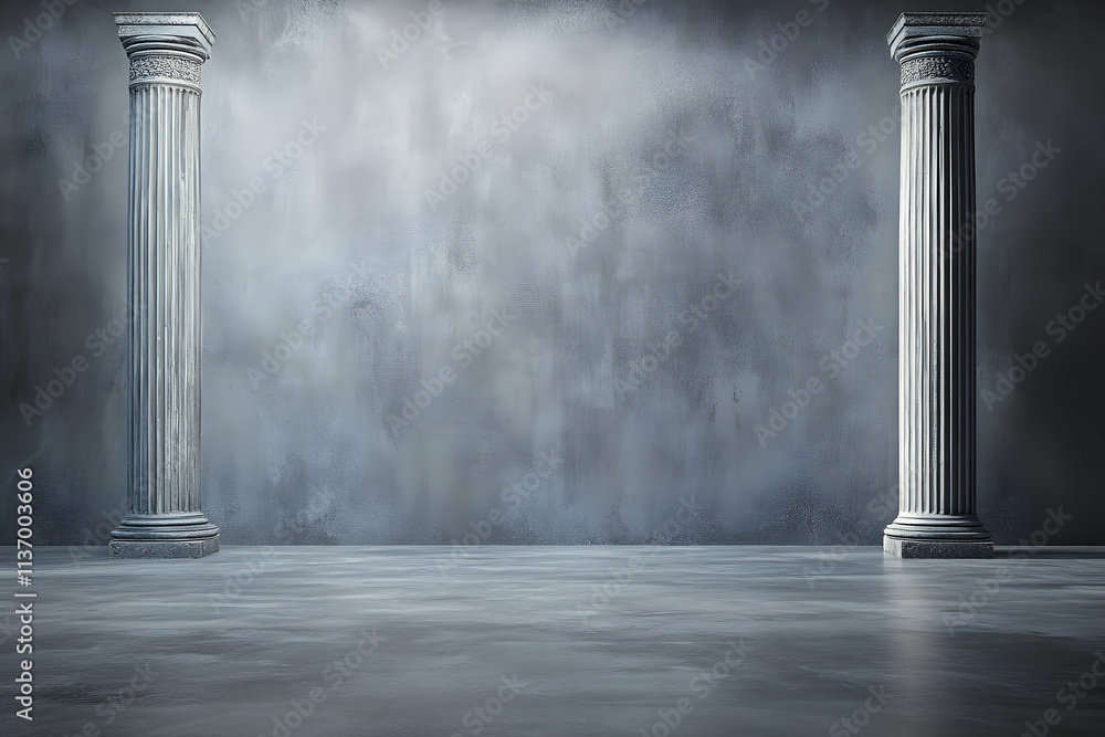 Elegant grey room interior with two classical columns flanking a ...