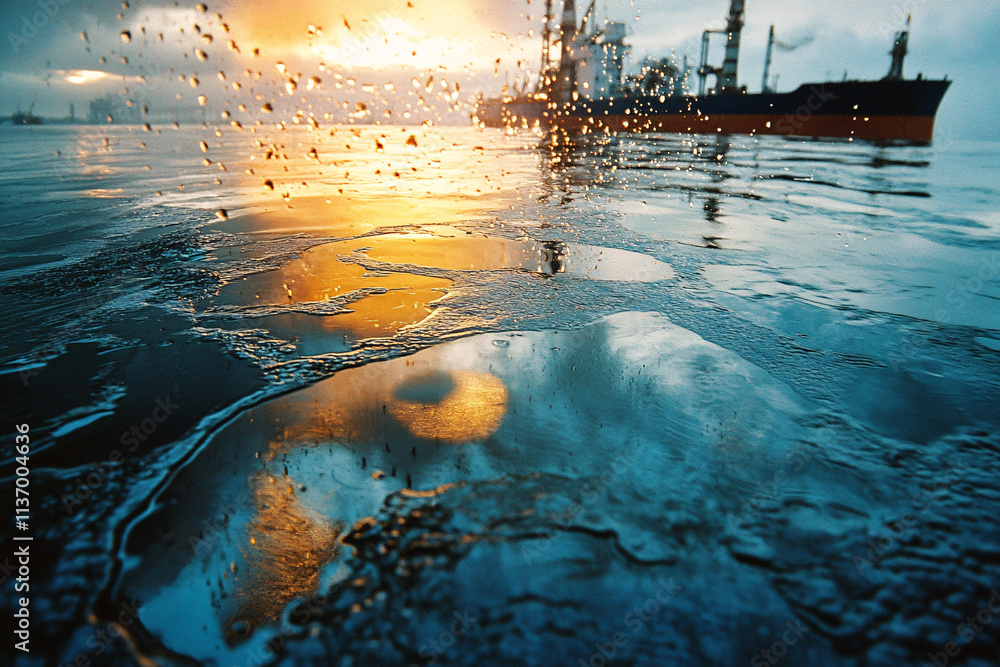 Rippling polluted water with oil spills catching sunlight as droplets ...