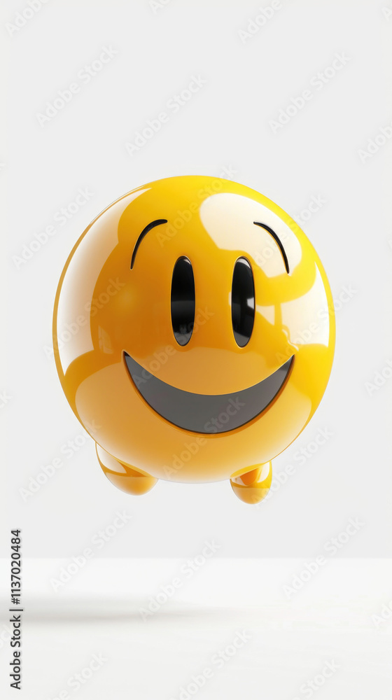 Yellow smiley face floating in a minimalist white space, cheerful and ...