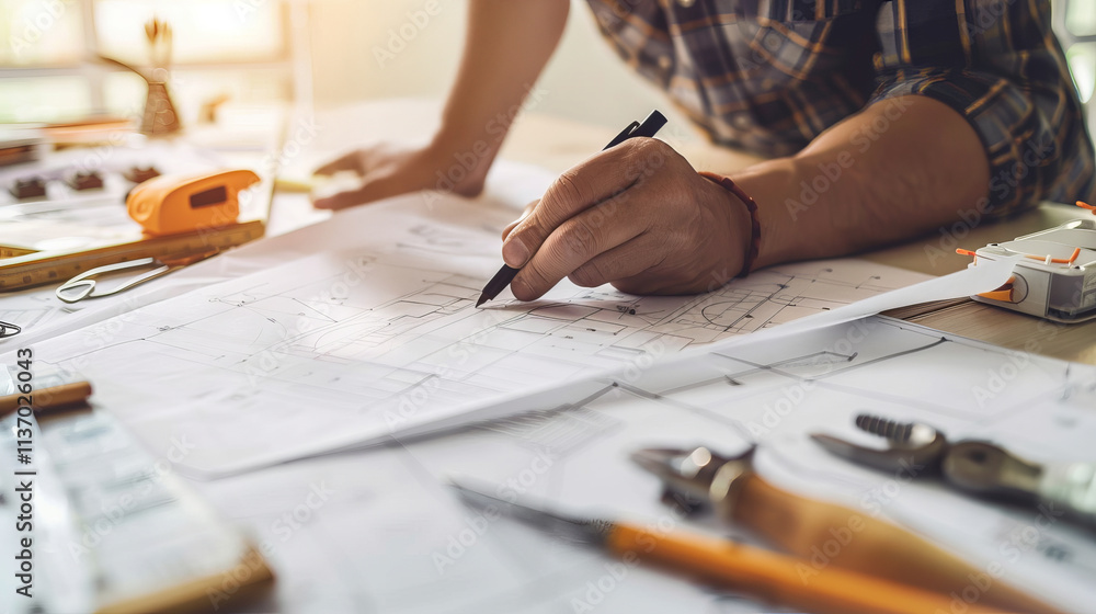 Close-up of architect's hands drawing technical details on blueprints with tools on desk ...