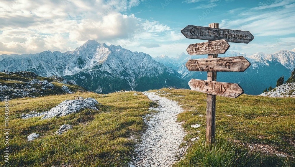 Wooden signs pointing in different directions on the path to the ...