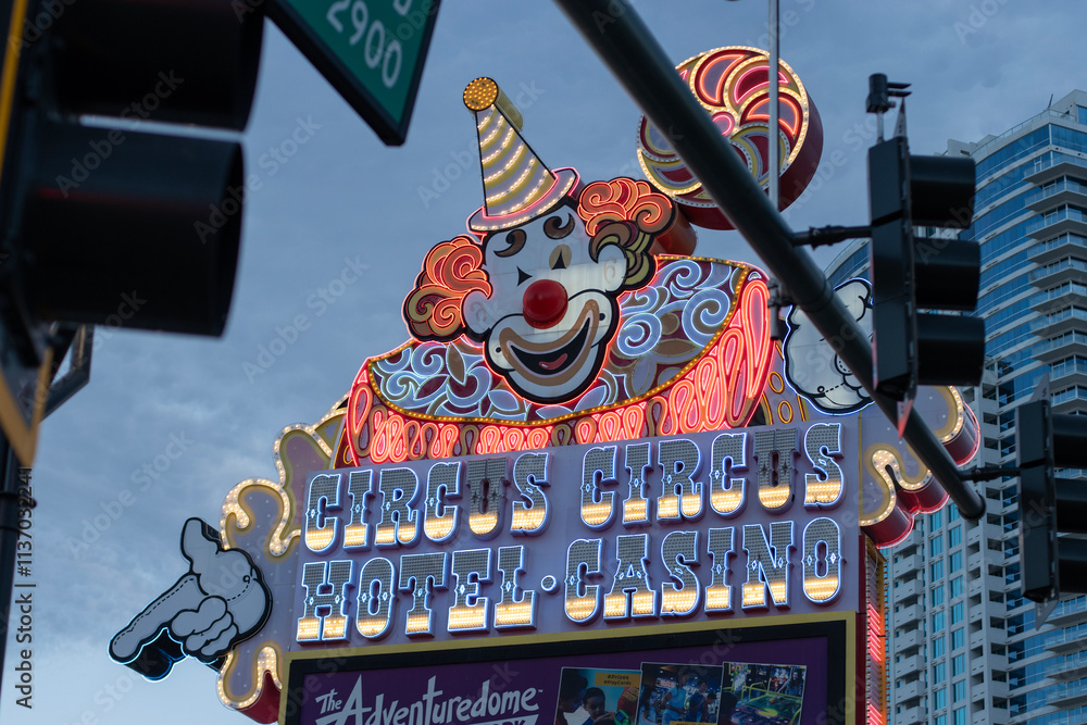 Las Vegas, NV, USA - Oct 28, 2024: Lucky the Clown neon sign at the ...