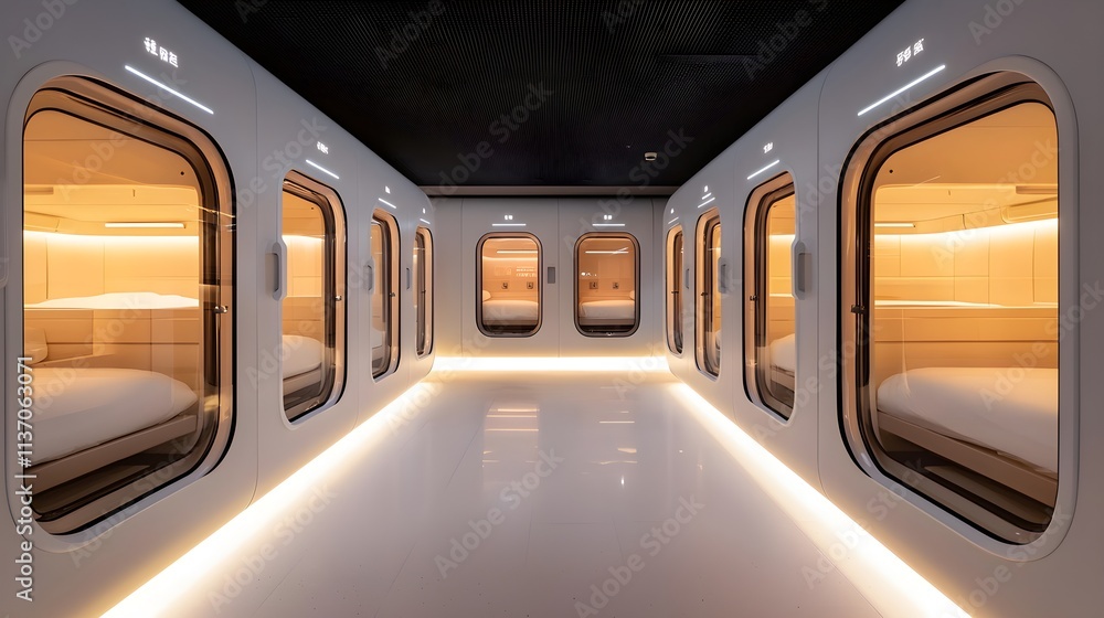 Stylish capsule hotel bedroom, two-story layout, modern Japanese ...
