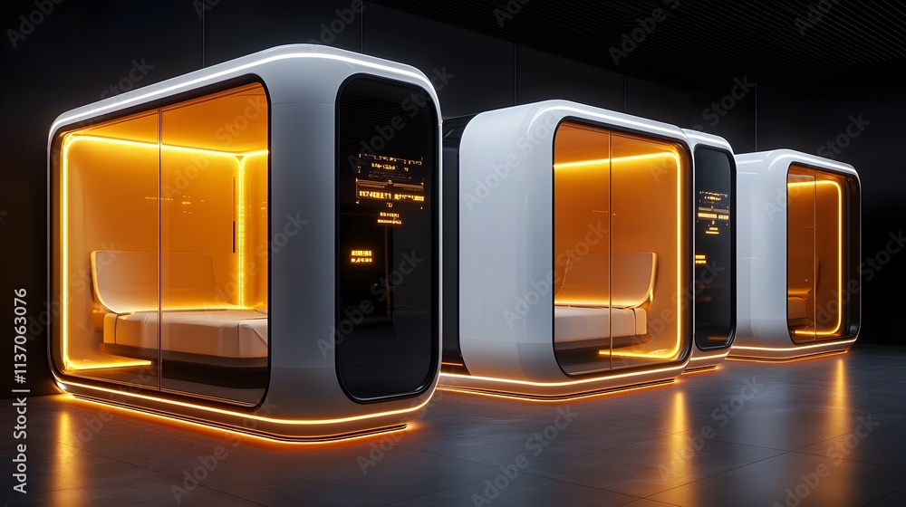 Stylish capsule hotel bedroom, two-story layout, modern Japanese ...