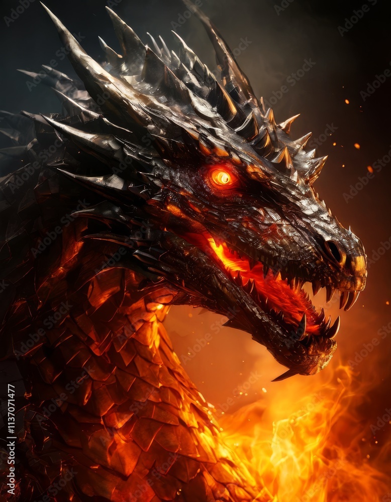 A fearsome dragon with glowing red eyes emerges from intense flames ...