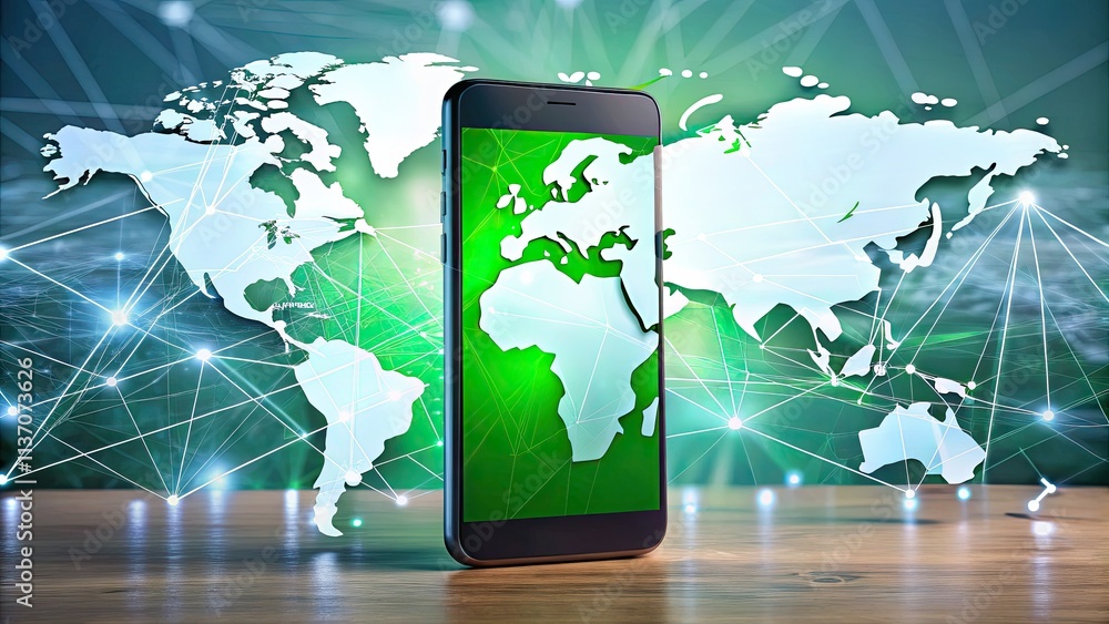 Sleek frameless phone showcases a global business app, its green screen ...