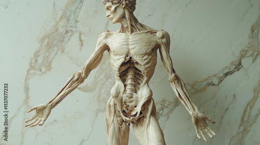 striking statue features one side muscular physique in traditional ...