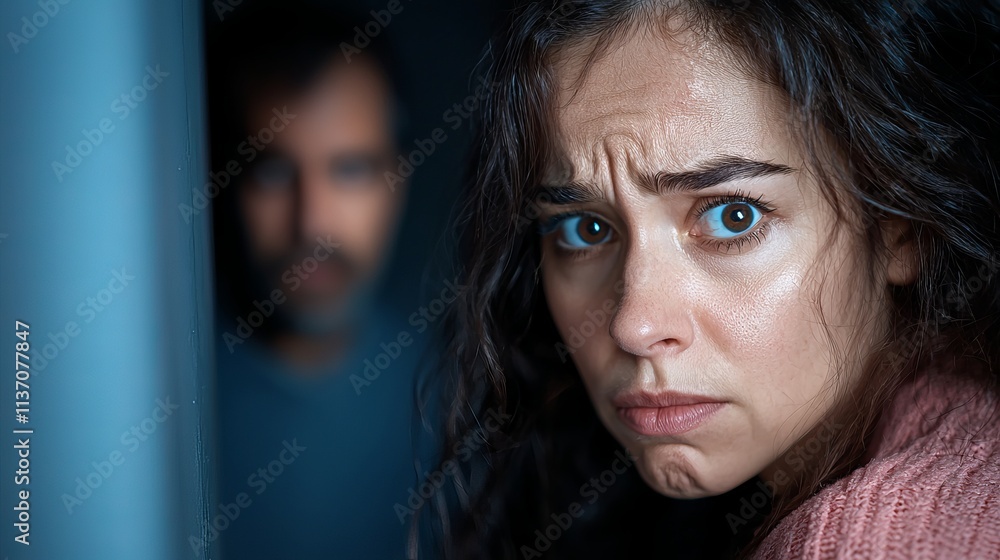 A worried young Latina woman with expressive eyes, captured in a tense ...