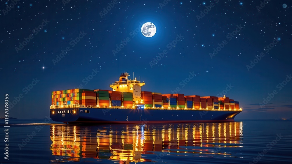 features a large cargo ship carrying containers across the ocean under ...
