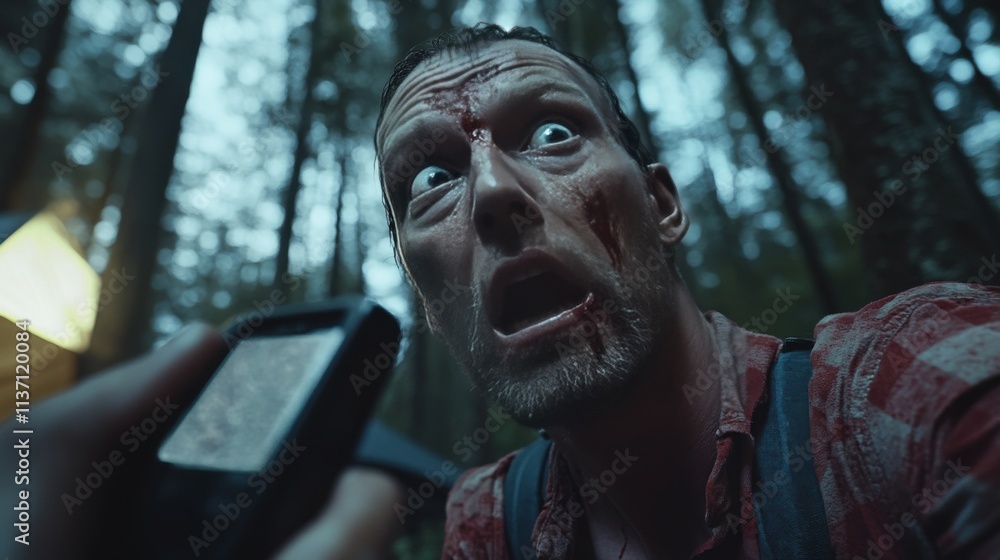 A bloodied man with a horrified expression looks directly at the camera ...