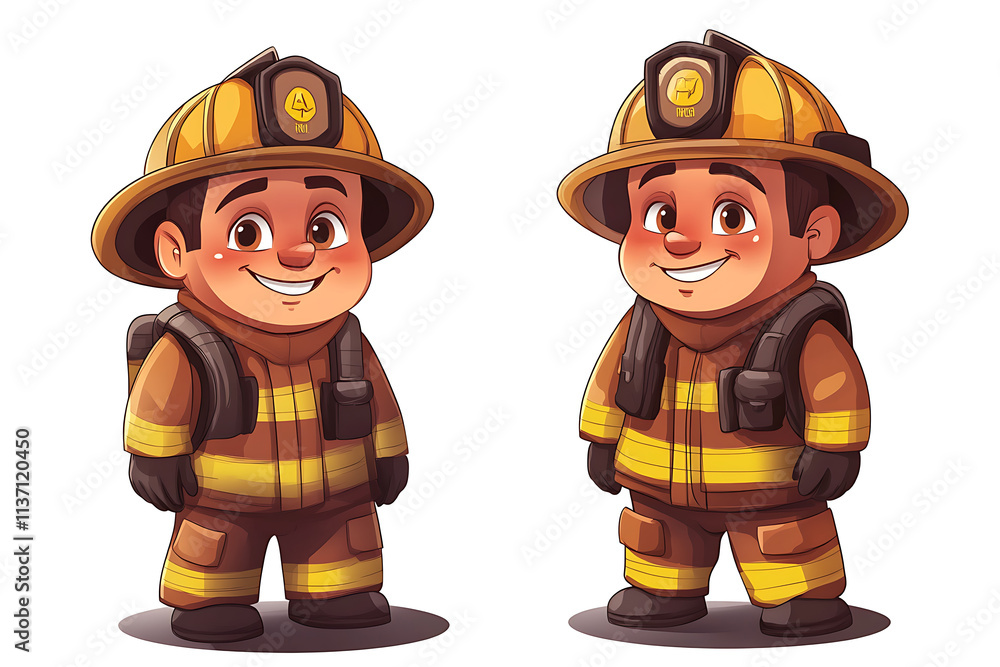Cartoon firefighter character in uniform, smiling, showcasing bravery ...