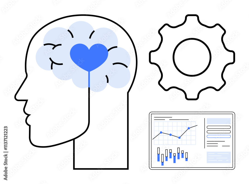 Human head with brain and heart symbol, gear cog, and data chart with ...