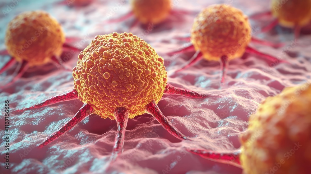 Cancer cells concept. Microscopic view of cancer cells exhibiting ...