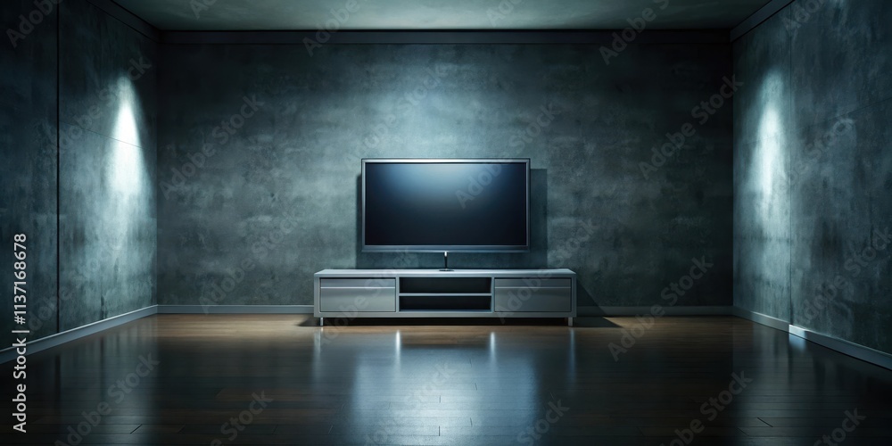 Empty dark room with a TV , gloomy, spooky, suspenseful, eerie ...