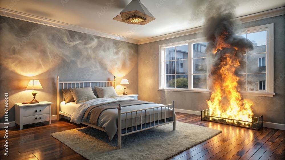 Bedroom fire with smoke detectors blaring, fire, smoke, bedroom ...