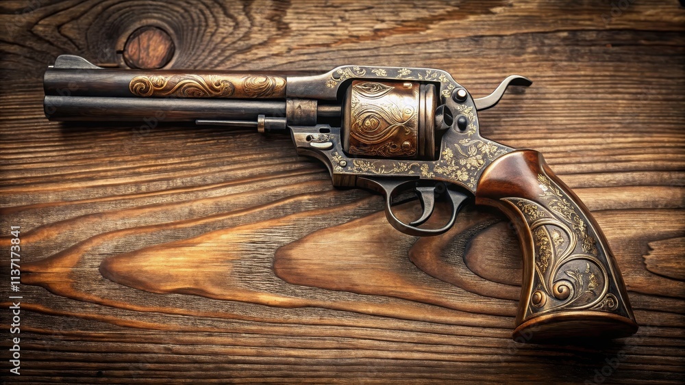 Antique revolver with ornate engravings and wooden grip, vintage, old ...