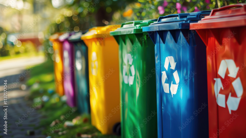 Collection of waste bins full of different types of garbage, recycling ...