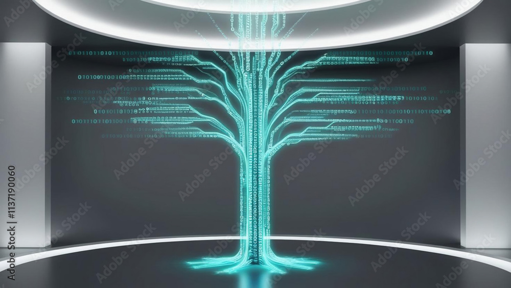 conceptual digital tree made of glowing binary code streams symbolizes AI growth and ...