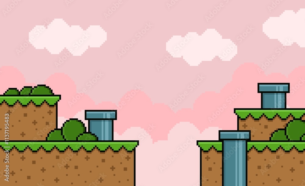Pixel art game design, tiles set background, with cloud, pink sky ...