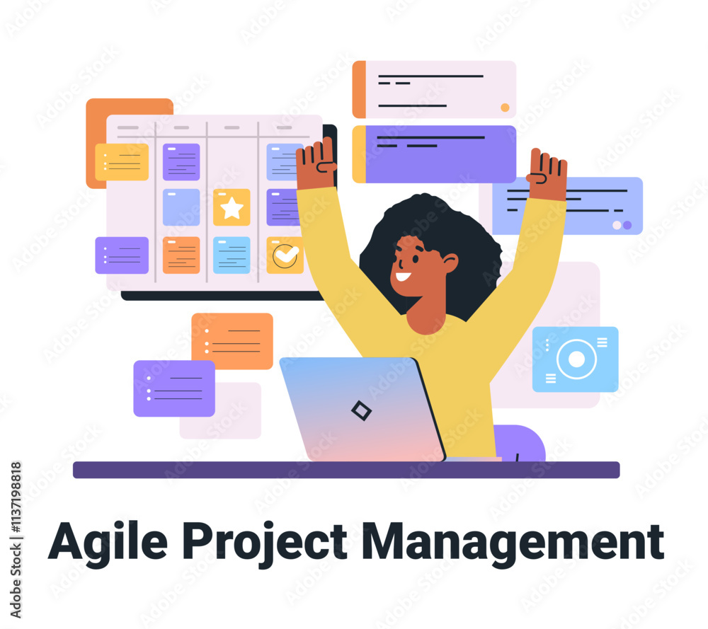 Agile Project Management Concept With Person Celebrating Success Digital Task Board Colorful