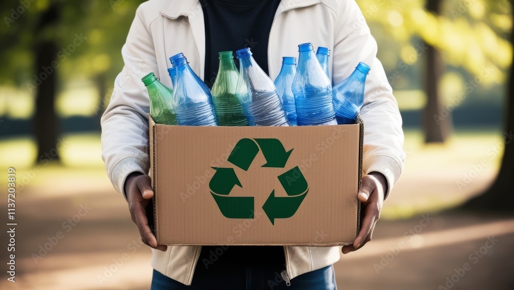 Recycle reduce reuse in zero waste concept. Man holding box recycling ...