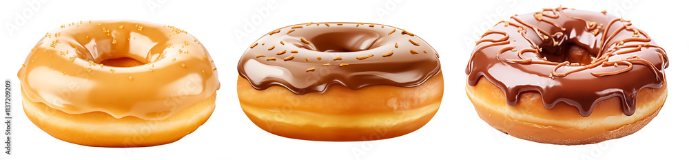 Set of three classic glazed donuts, with shiny smooth caramel, rich ...